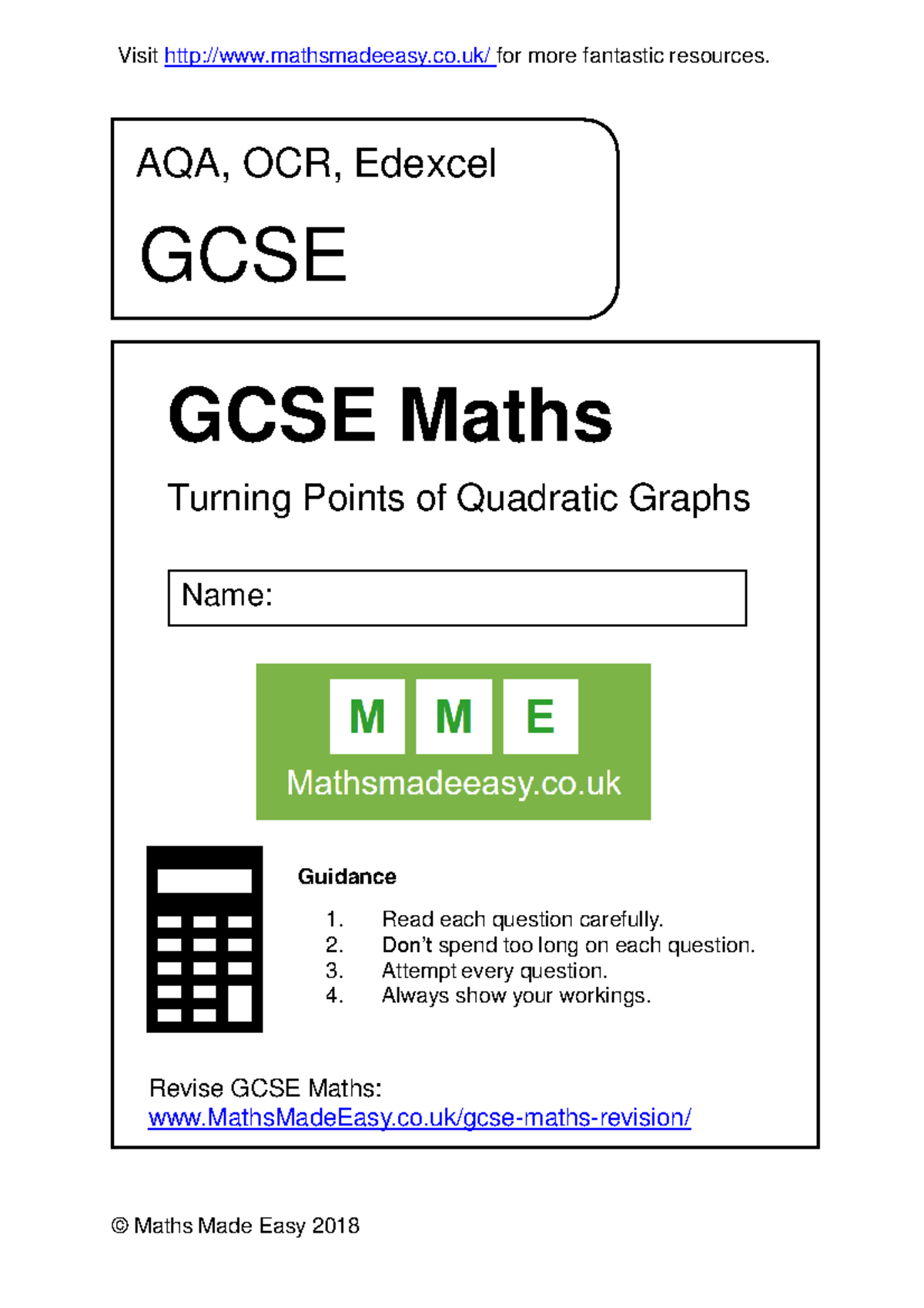 Turning Points of Quadratic Graphs - AQA GCSE Maths Guide - Studocu