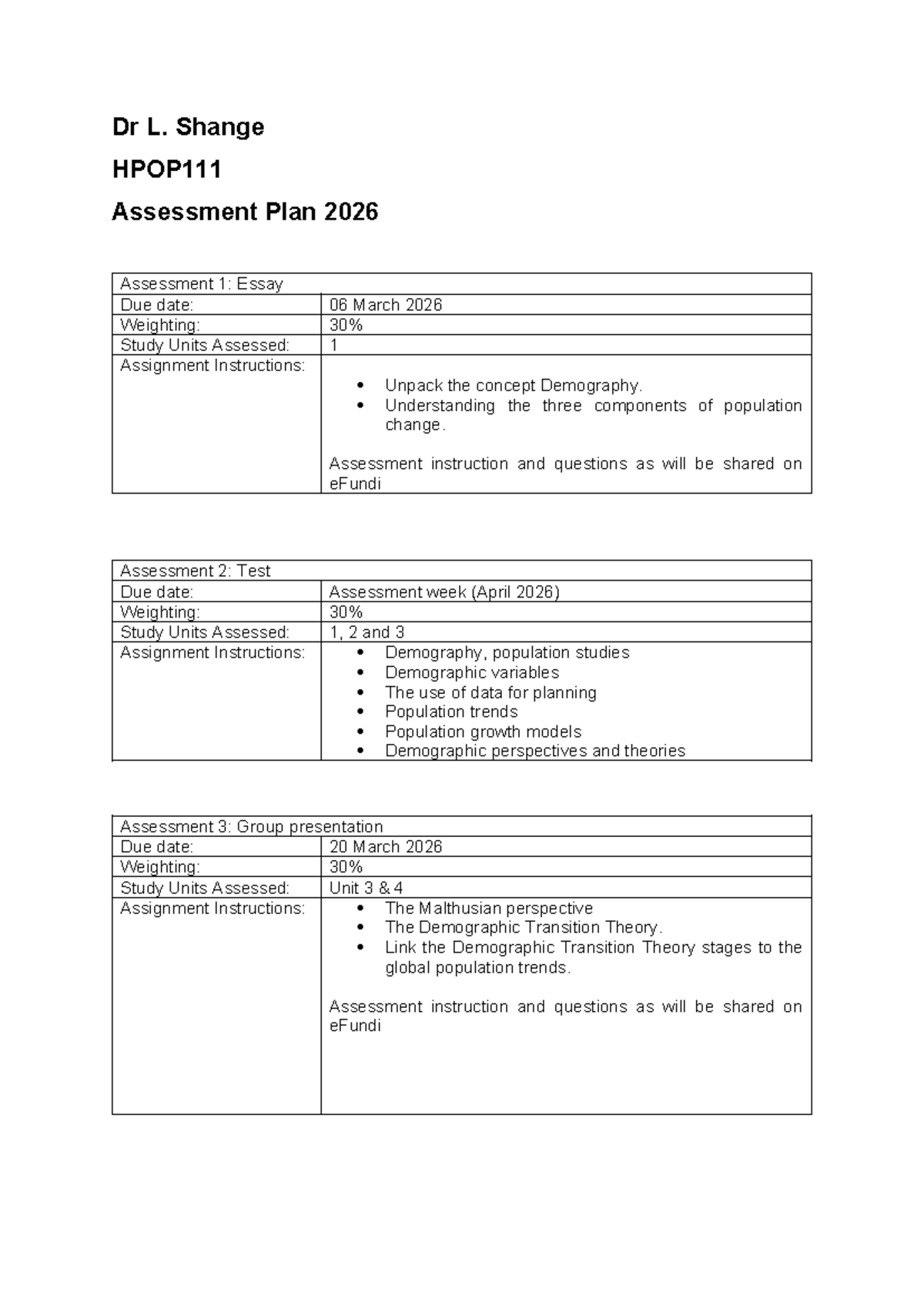 Assessment Plan 2026: Demography & Population Studies Guide - Studocu