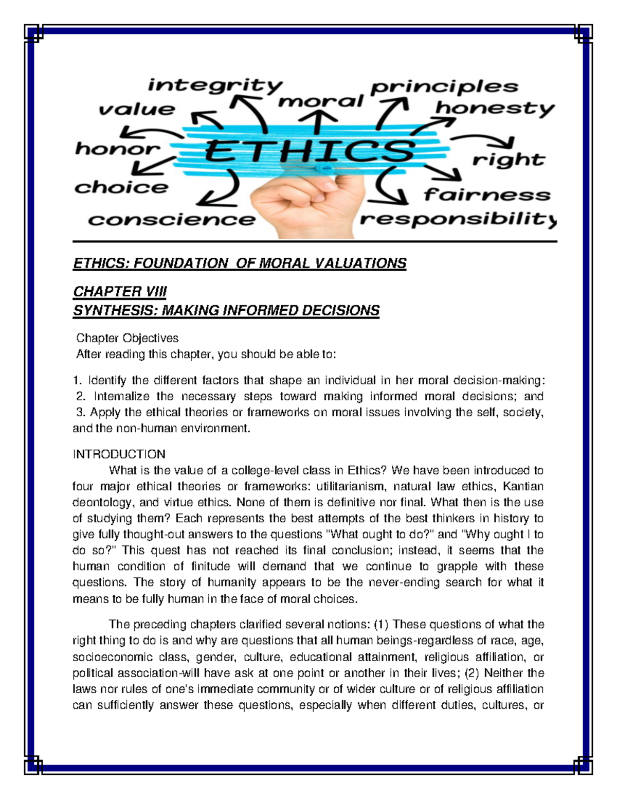 VAL 02 Module Chapter 8 THE Moral Agents AND Context - ETHICS: FOUNDATION OF MORAL VALUATIONS ...