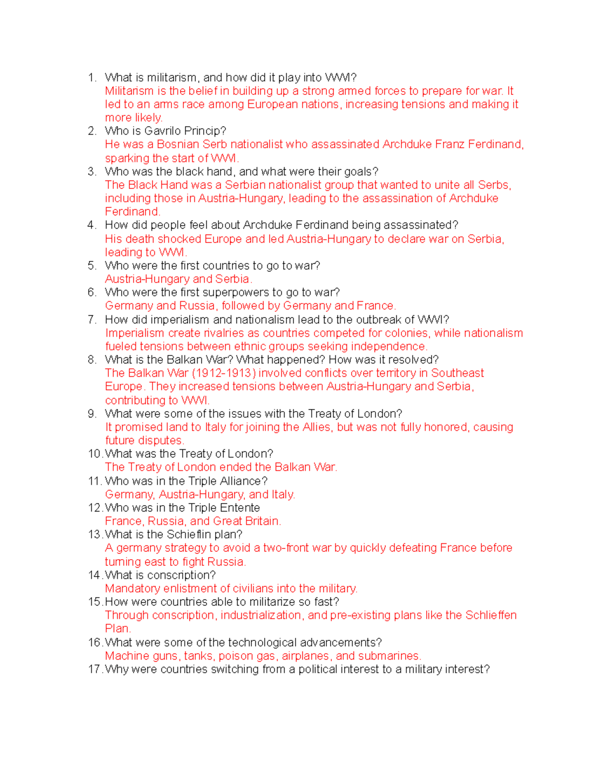 WWI Overview and Key Concepts for Unit Test Review - What is militarism ...
