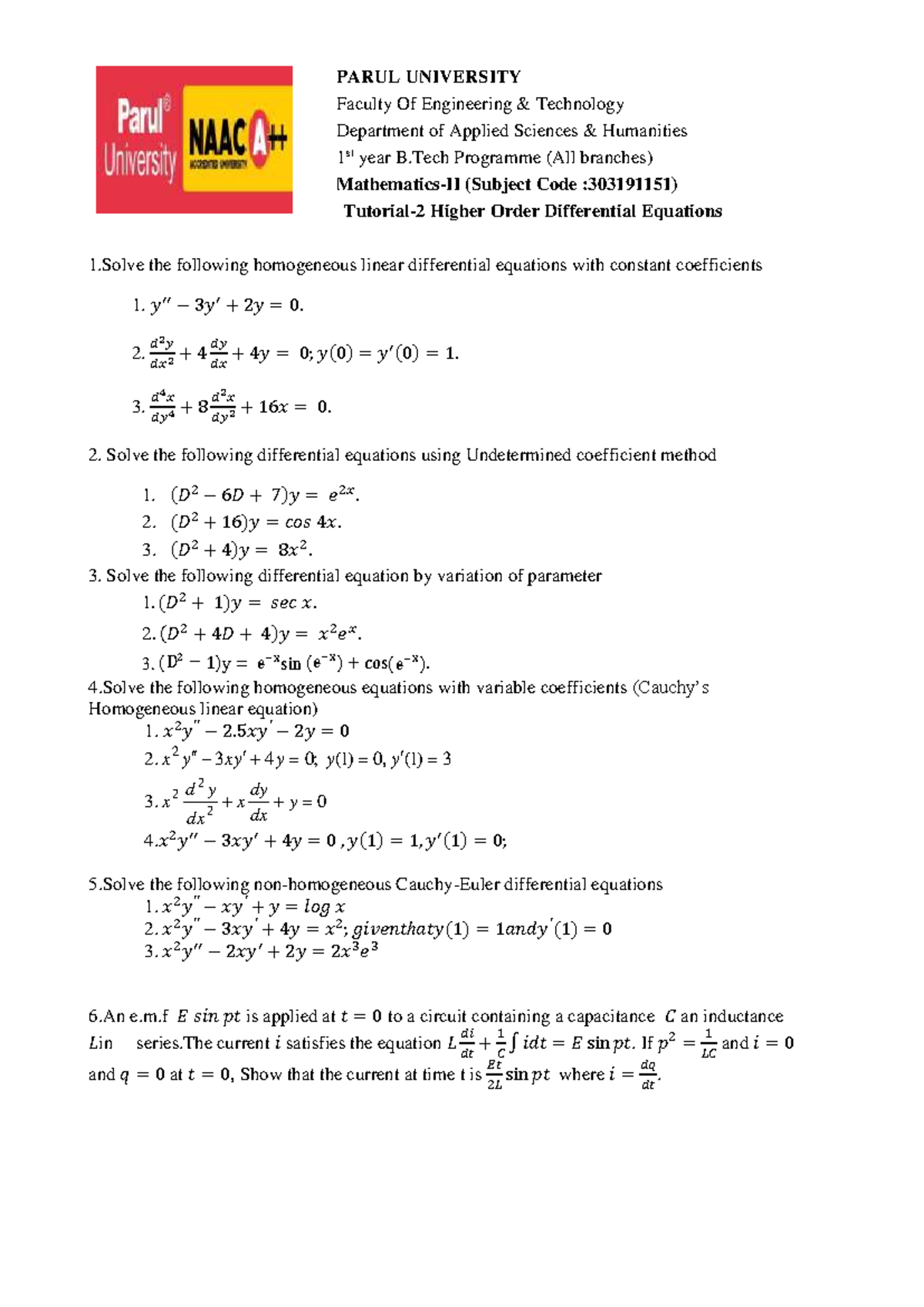 Higher Order Differential Equations Tutorial 2 (Subject Code: 303191151 ...