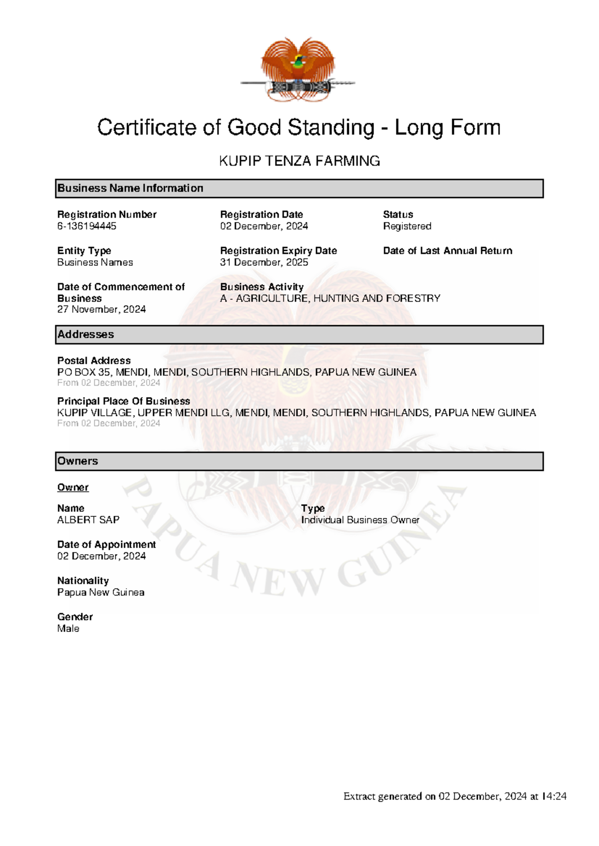 Certificate of Good Standing Business Names - Long Form - 2024-12 ...