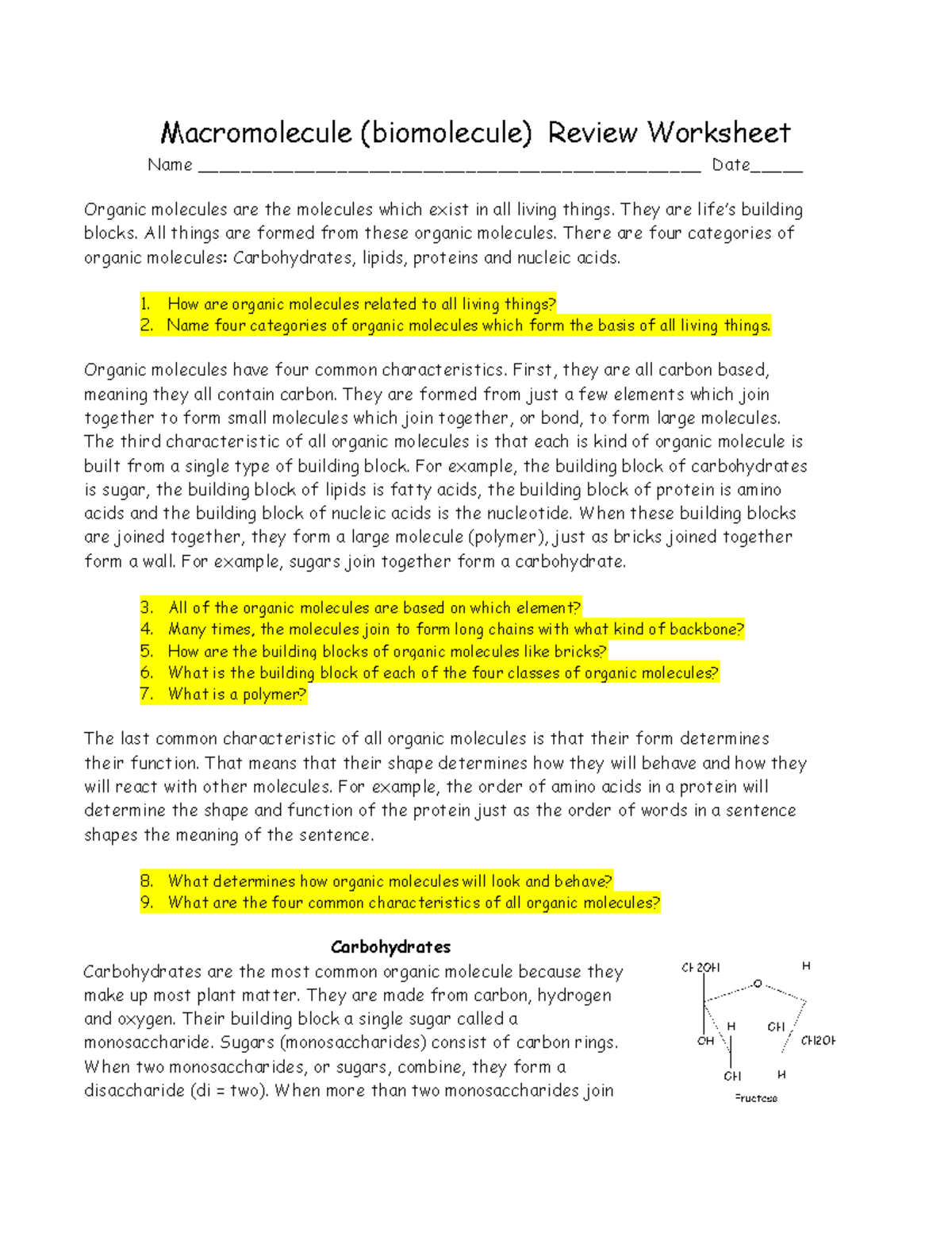 Biomolecule Macromolecule Review Sheet: Key Concepts and Questions - Studocu