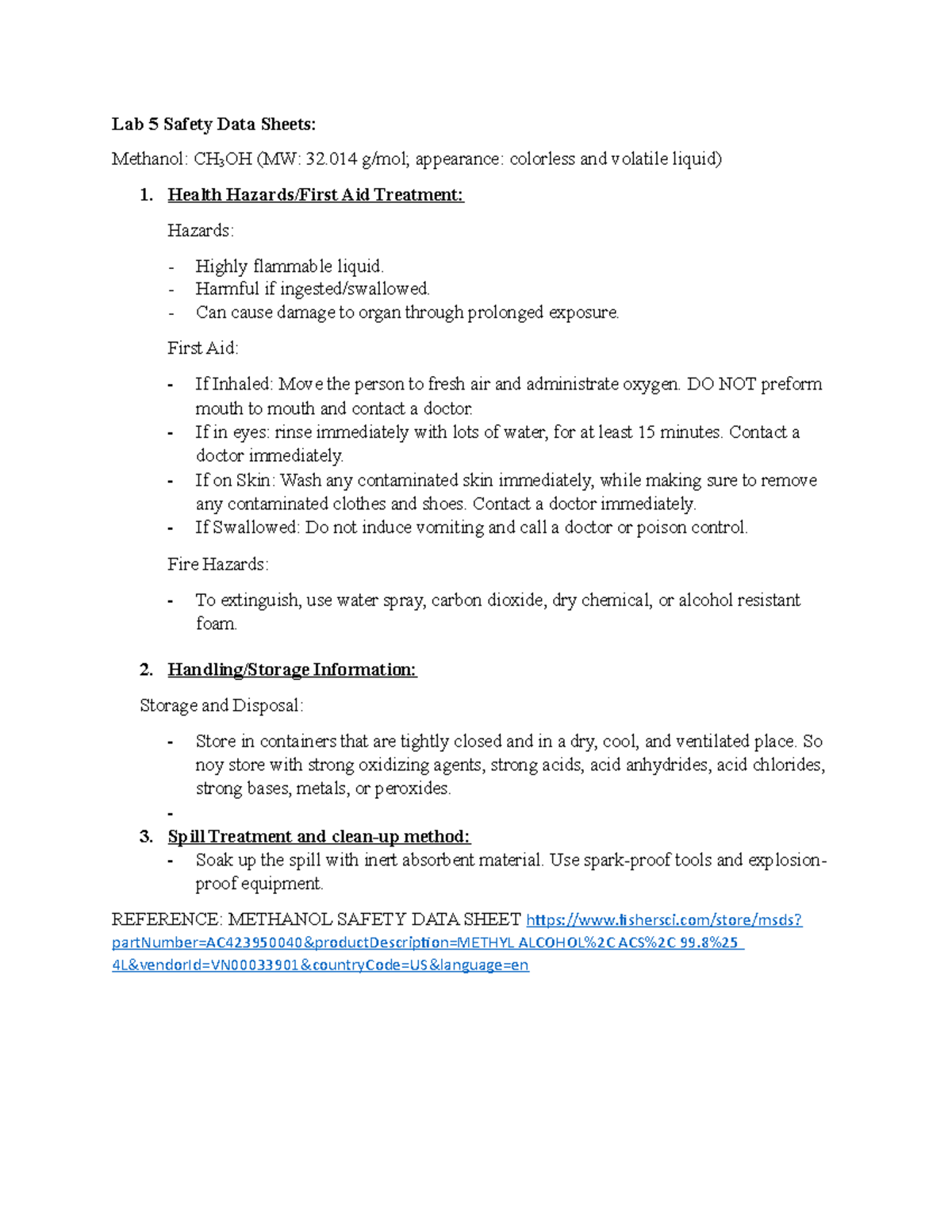 Lab 5: Safety Data Sheets for Methanol and Acetylsalicylic Acid - Studocu
