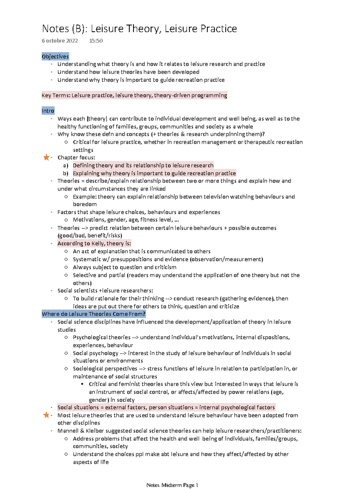 Midterm Notes (B): Exploring Leisure Theory and Practice Elements - Studocu