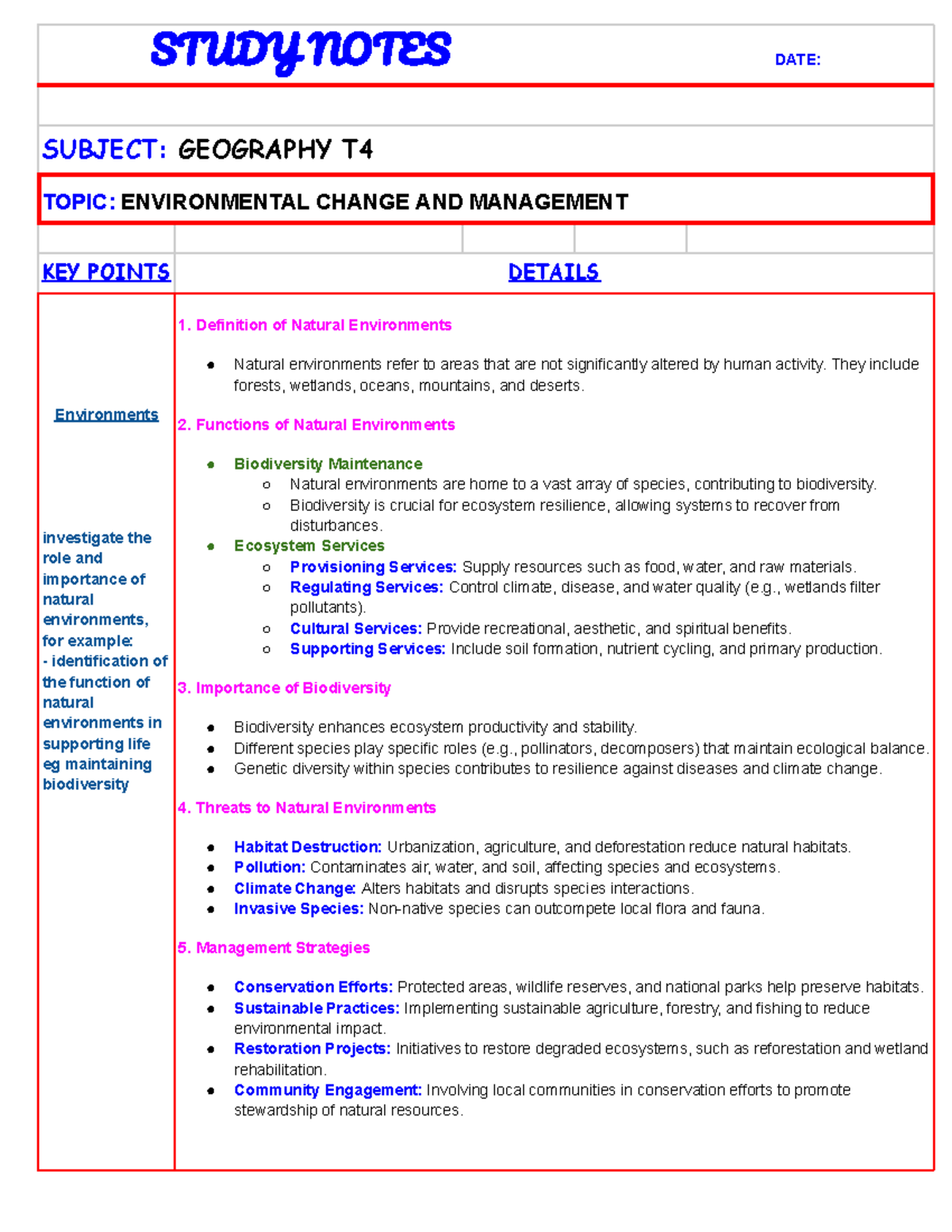 Geography Term 4 Study Notes - STUDY NOTES DATE: SUBJECT: GEOGRAPHY T ...