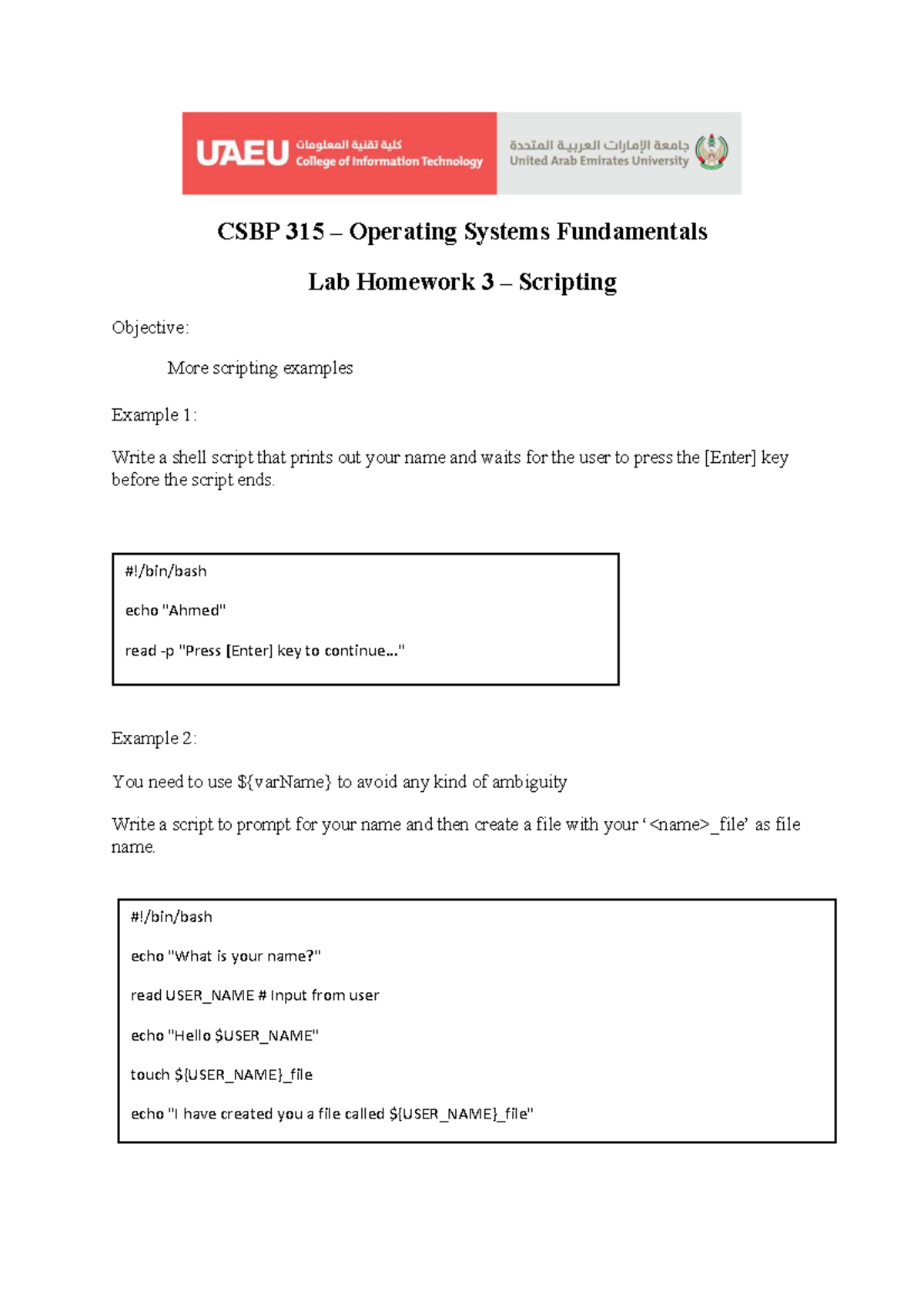 CSBP 315 OS Fundamentals Lab Homework 3: Scripting Examples - Studocu