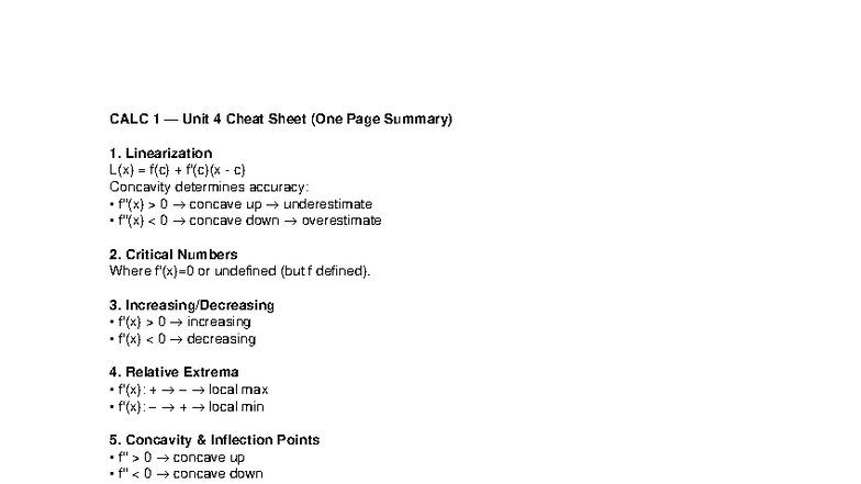 Calc Unit4 Cheat Sheet - use - CALC 1 — Unit 4 Cheat Sheet (One Page ...