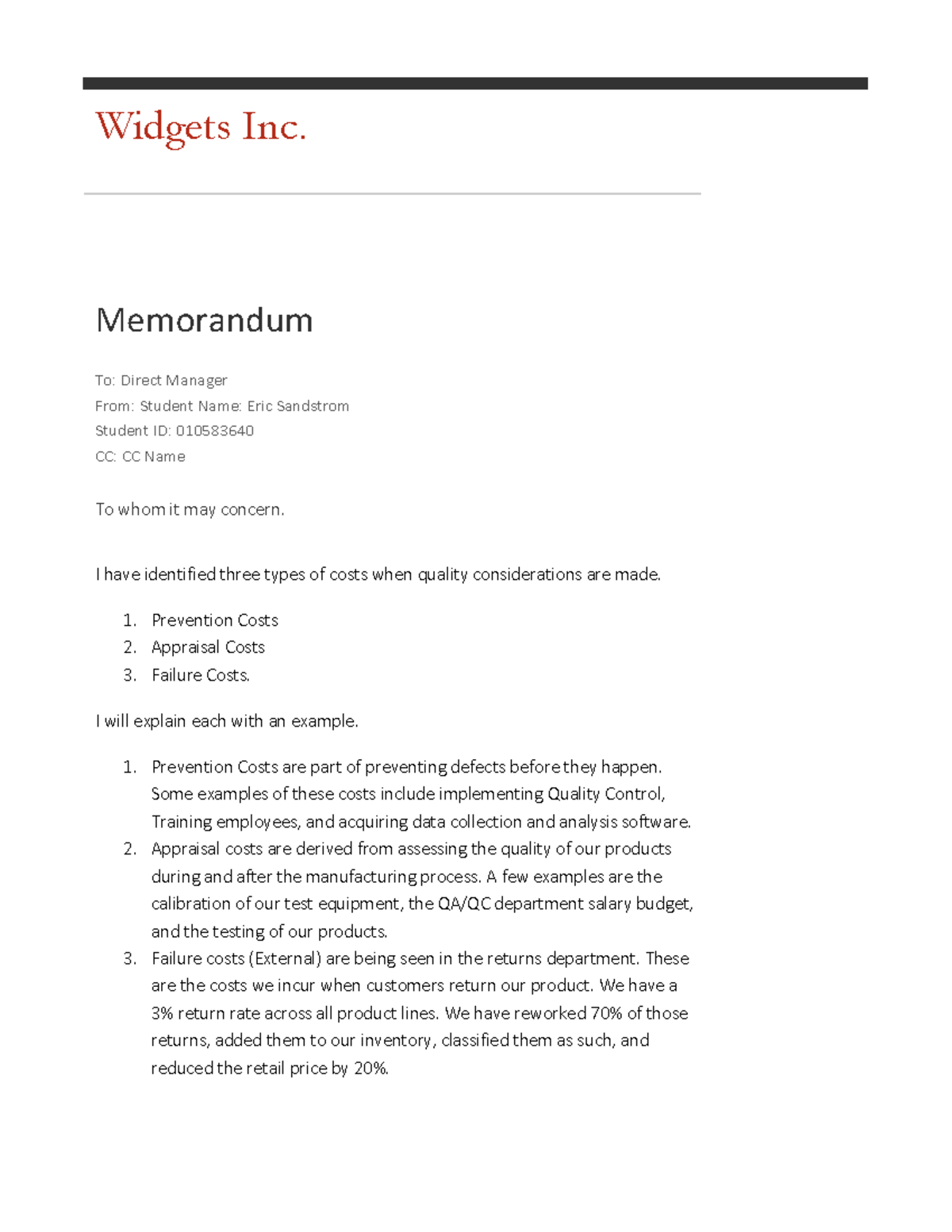 Business Mgmt AVM1 V1 - Memorandum on Quality Cost Types - Studocu