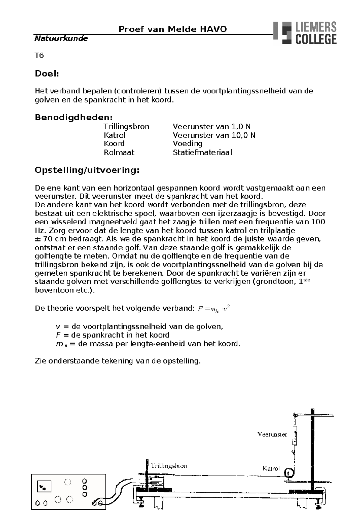 Proef van Melde HAVO Natuurkunde T6: Golfsnelheid en Spankracht Analyse ...