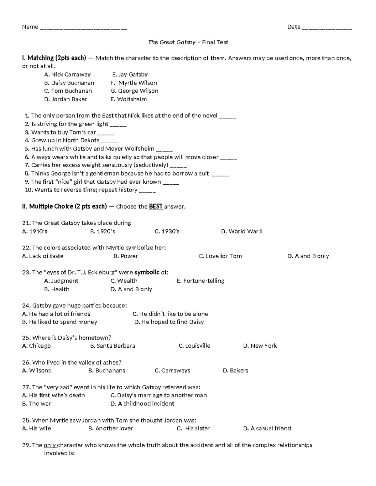 ENG 101: The Great Gatsby Final Test - Matching & MC Questions - Studocu