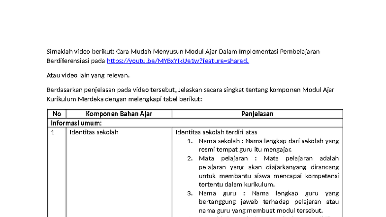 Tugas Modul Ajar Kurikulum Merdeka: Komponen dan Penjelasan - Studocu