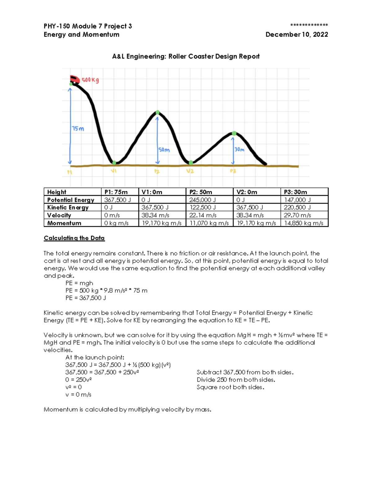 PHY-150 Project 3: Energy and Momentum in Roller Coaster Design - Studocu