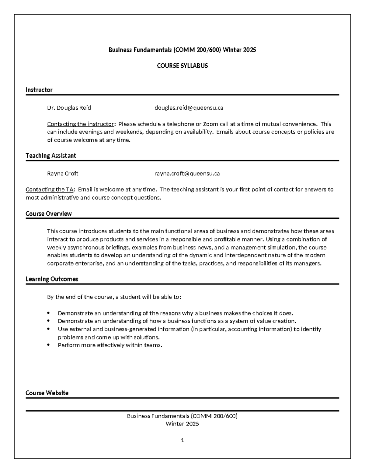 COMM 200 Winter 2025 Business Fundamentals Course Syllabus - Studocu