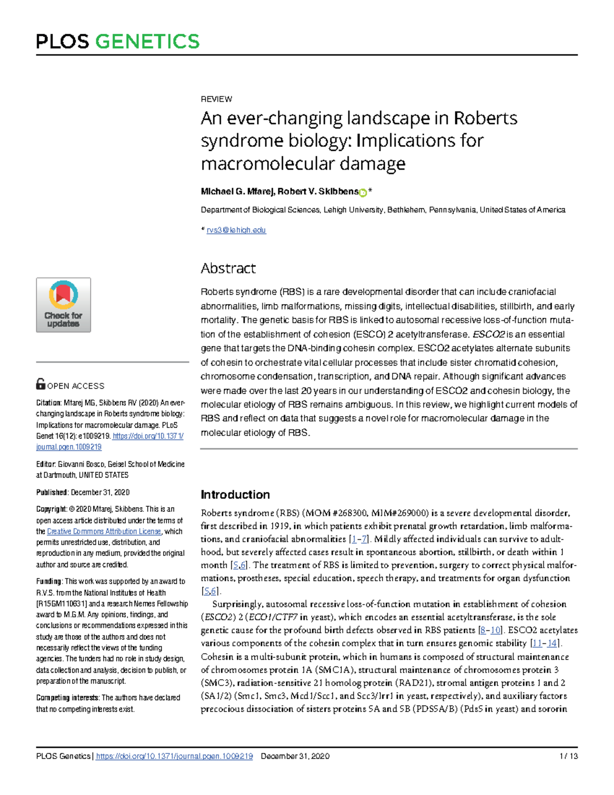Roberts Syndrome Biology: Insights into Macromolecular Damage (PLOS ...