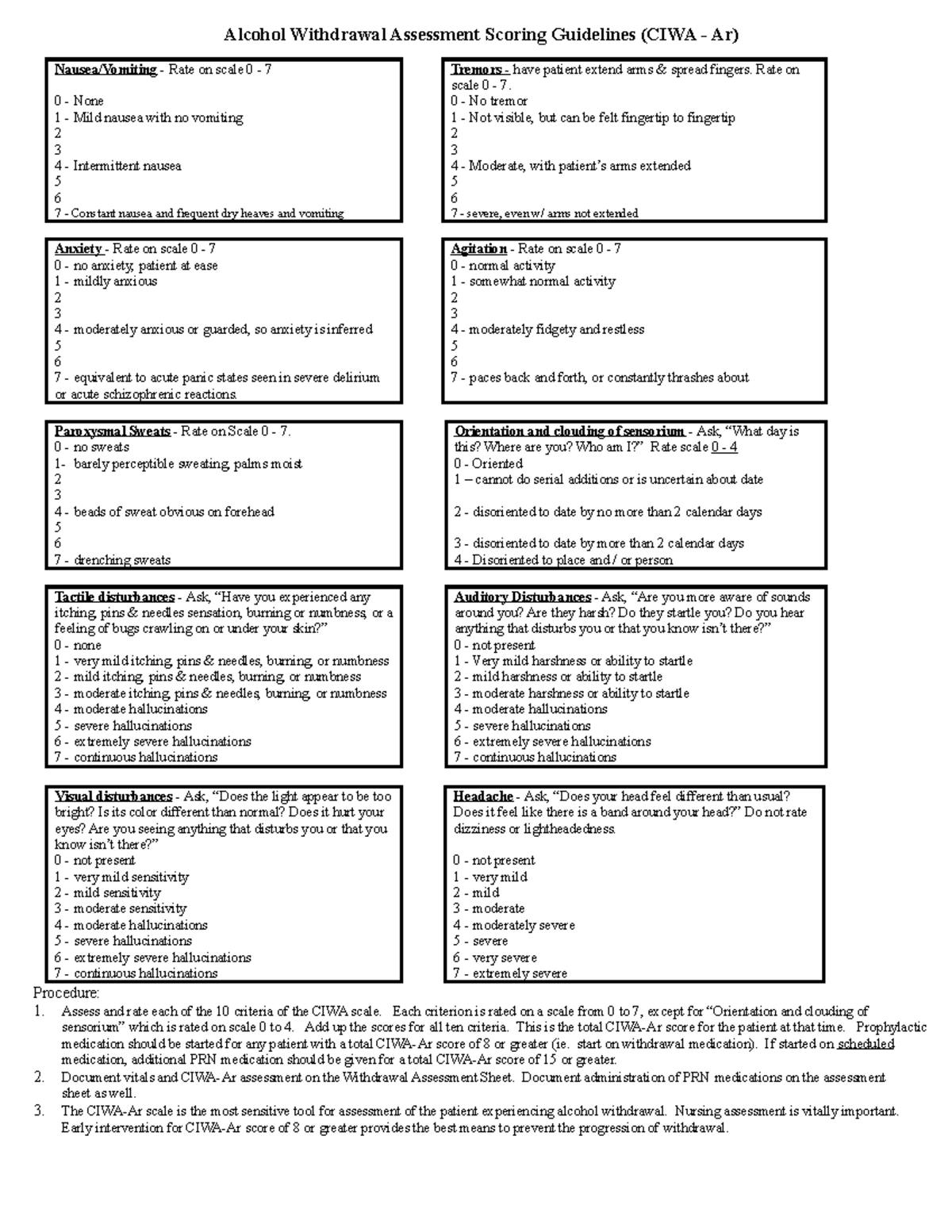 CIWA-Ar Alcohol Withdrawal Assessment Handout - Studocu