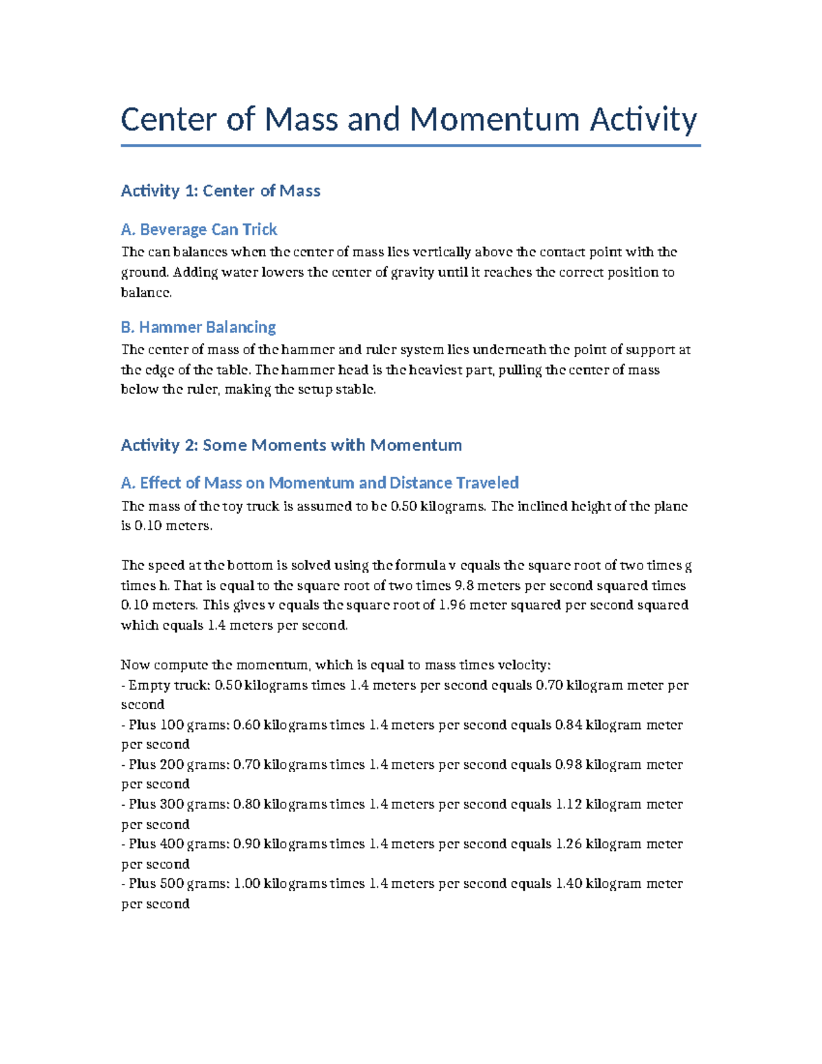 Center of Mass and Momentum Activity: Exploring Balance and Motion ...