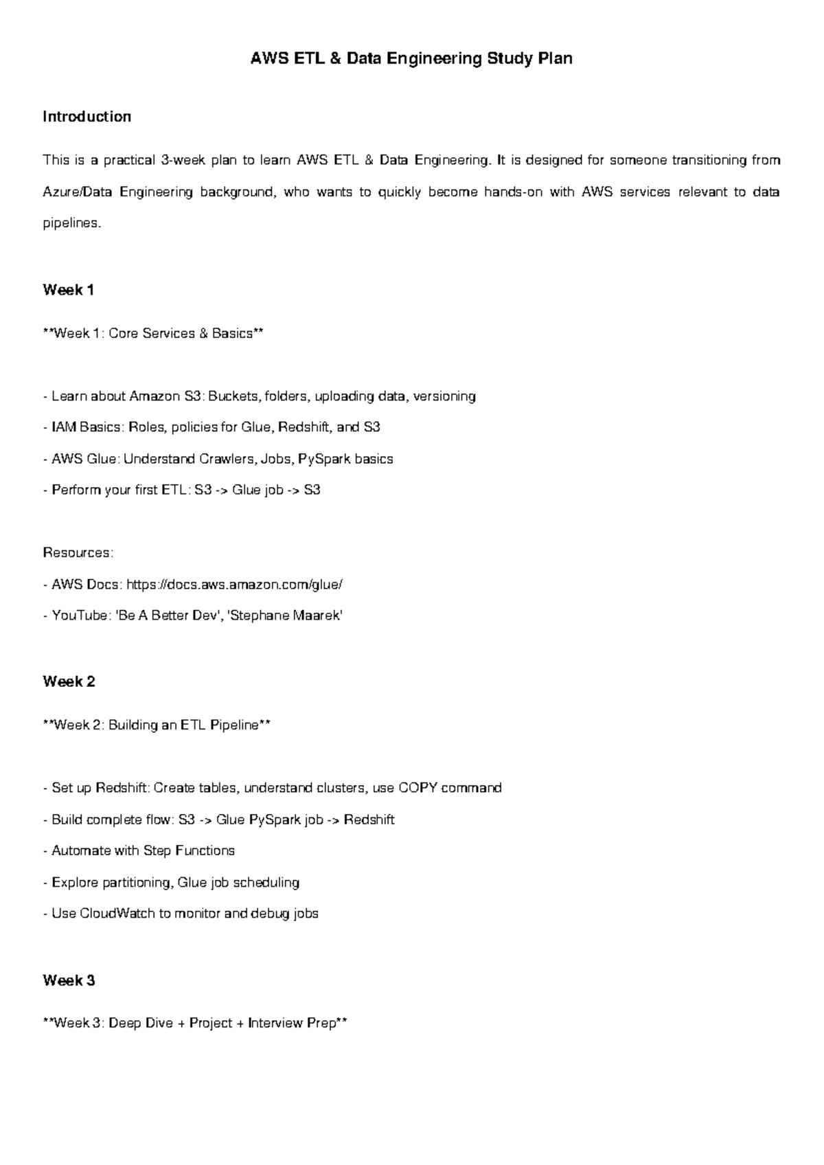 AWS ETL Data Engineering Study Plan for Transitioning Engineers - Studocu