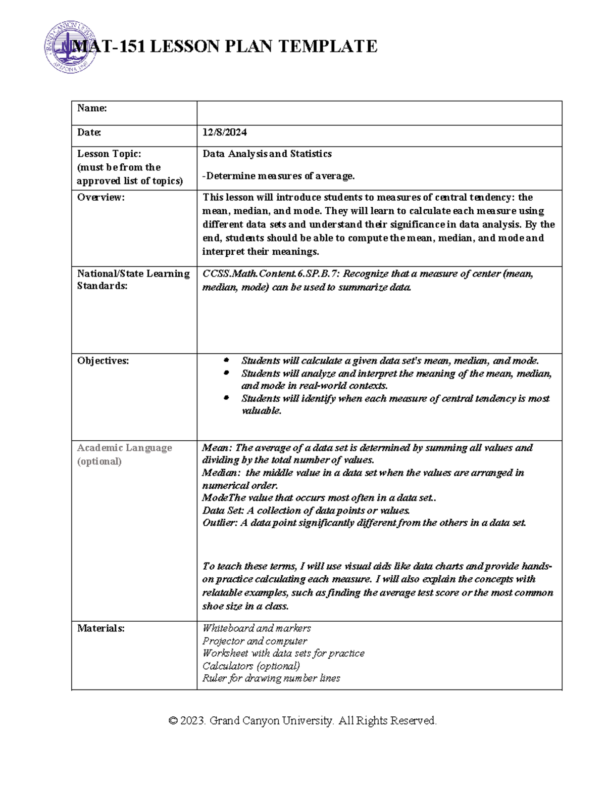 MAT-151 Lesson Plan Template - MAT-151 LESSON PLAN TEMPLATE Name: Date ...
