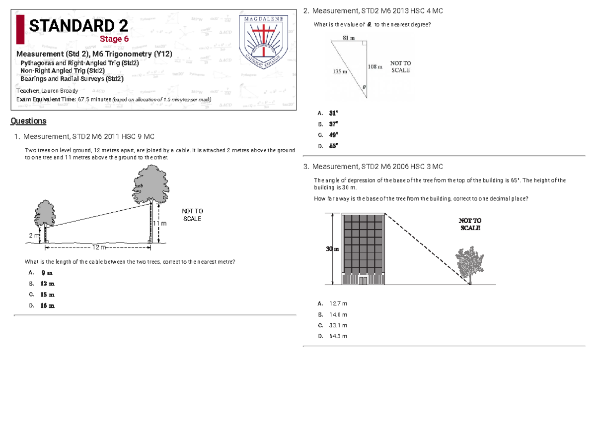 12MSC Measurement & Trigonometry Revision Questions for HSC Exam - Studocu