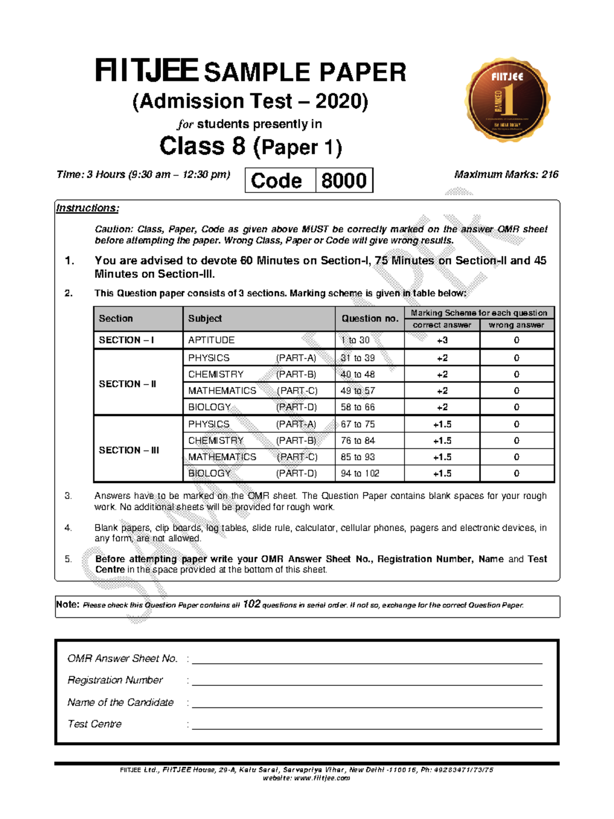 Fiitjee 2020 Sample Paper 1 for Class 8 recruitmentresult - FIITJEE Ltd ...