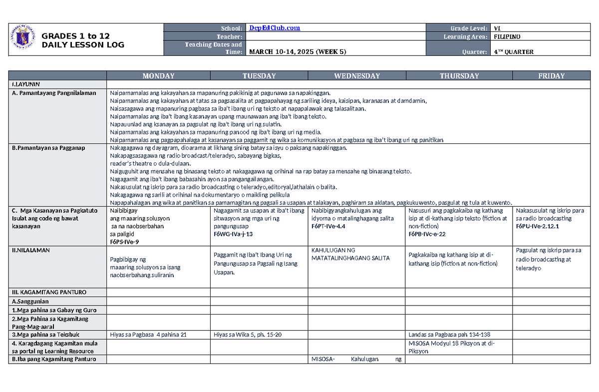 lesson plan grade 6 - GRADES 1 to 12 DAILY LESSON LOG School: DepEdClub ...