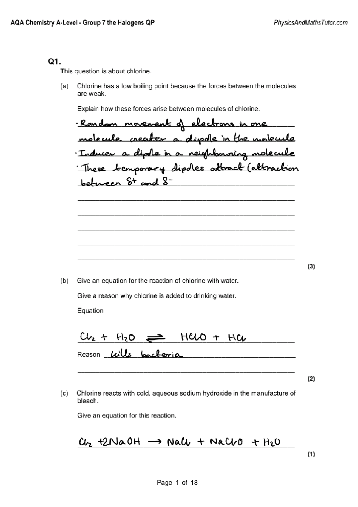 AQA Chemistry Group 7: The Halogens Question Paper - Studocu