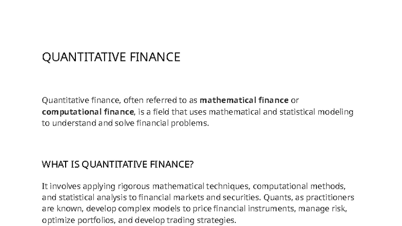 Quantitative Finance Overview: Key Concepts and Techniques - Studocu
