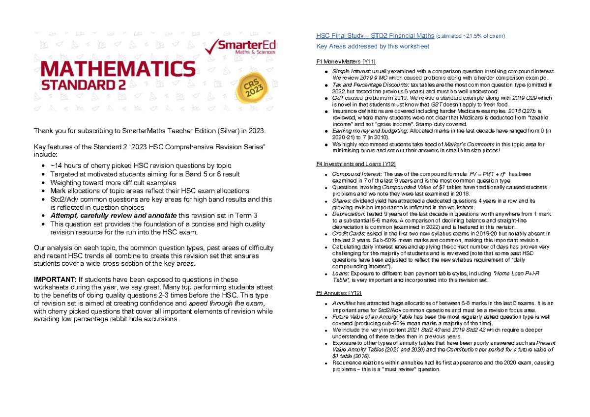 HSC Final Study STD2 Financial Maths: Annuities Revision Notes - Studocu