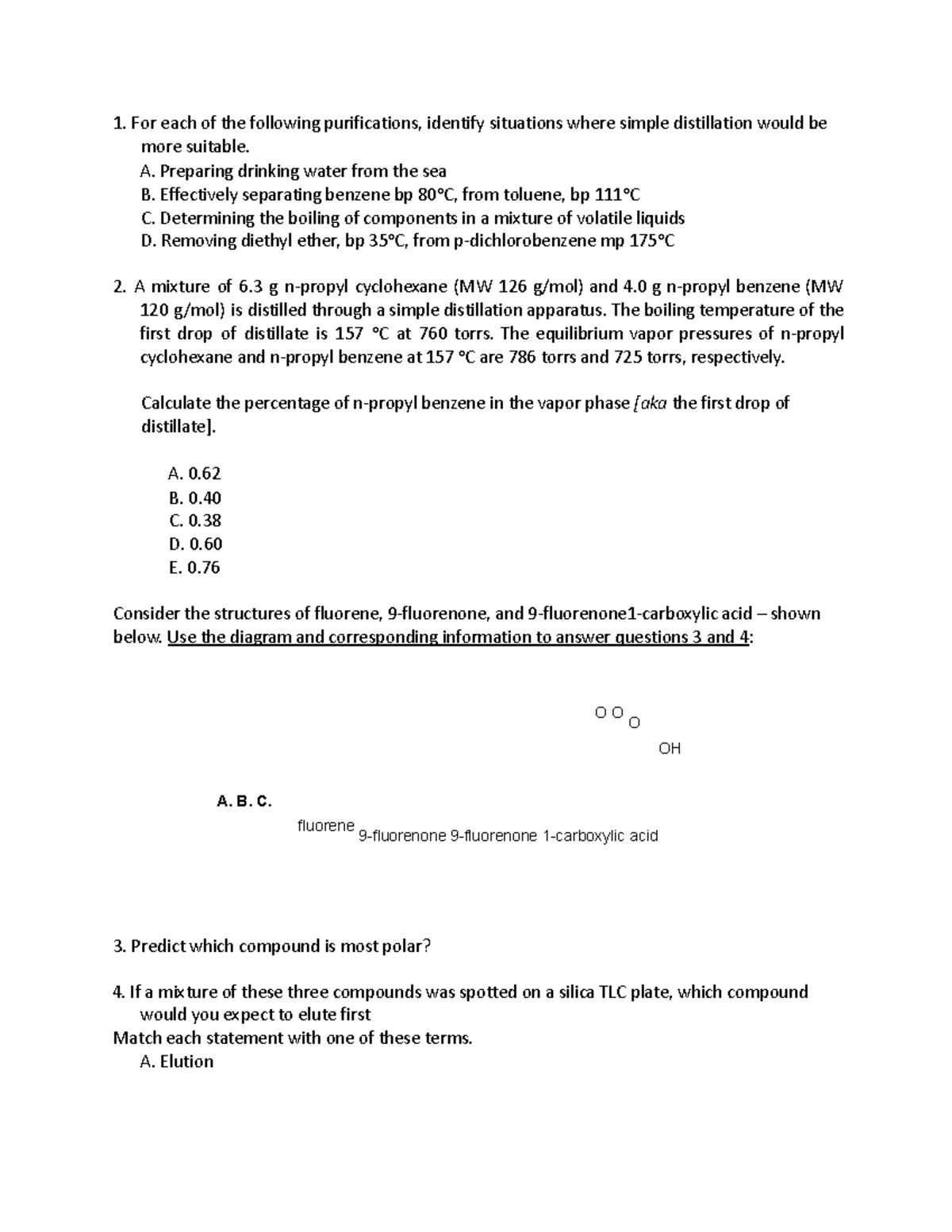 CA 2 - Updated Practice Questions on Distillation and Chromatography ...