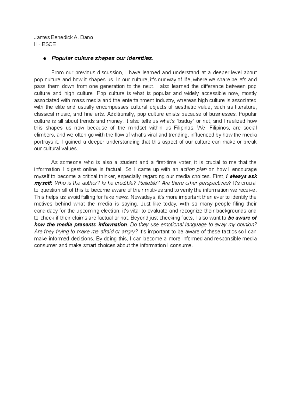DANO- Activity-2 - James Benedick A. Dano II - BSCE Popular culture ...