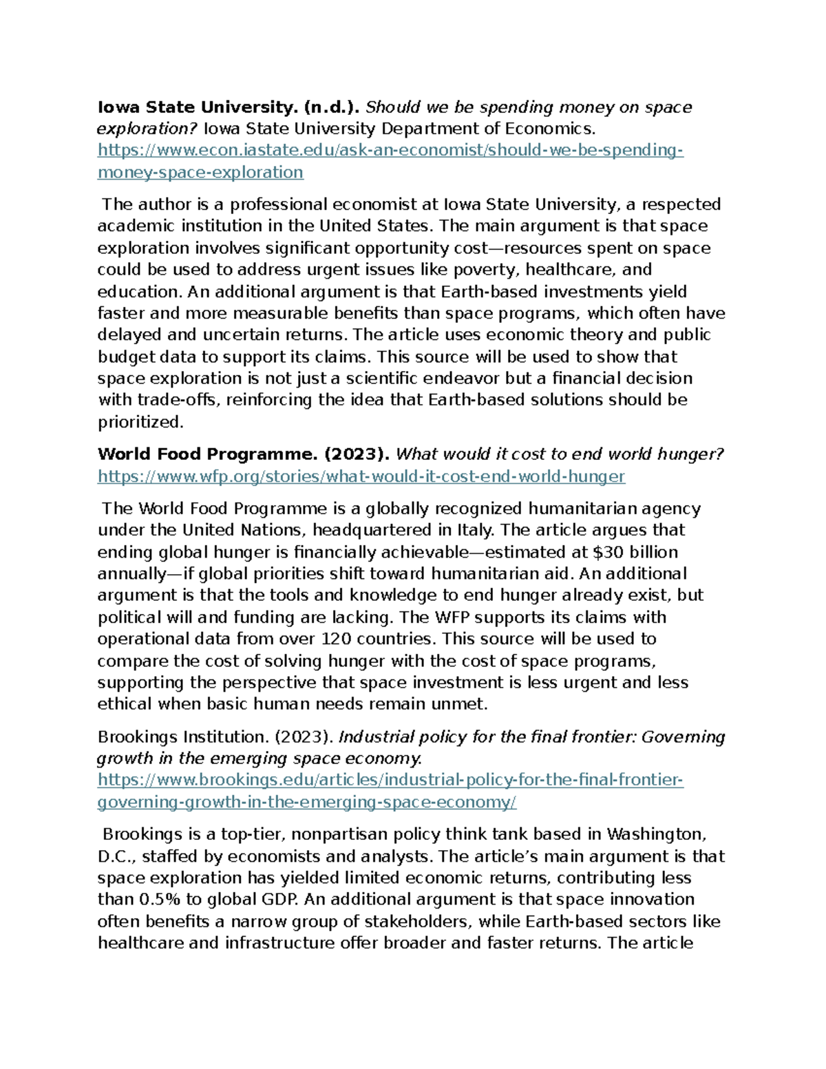 Annotated Global Bibliography: Space Exploration vs. Human Needs - Studocu