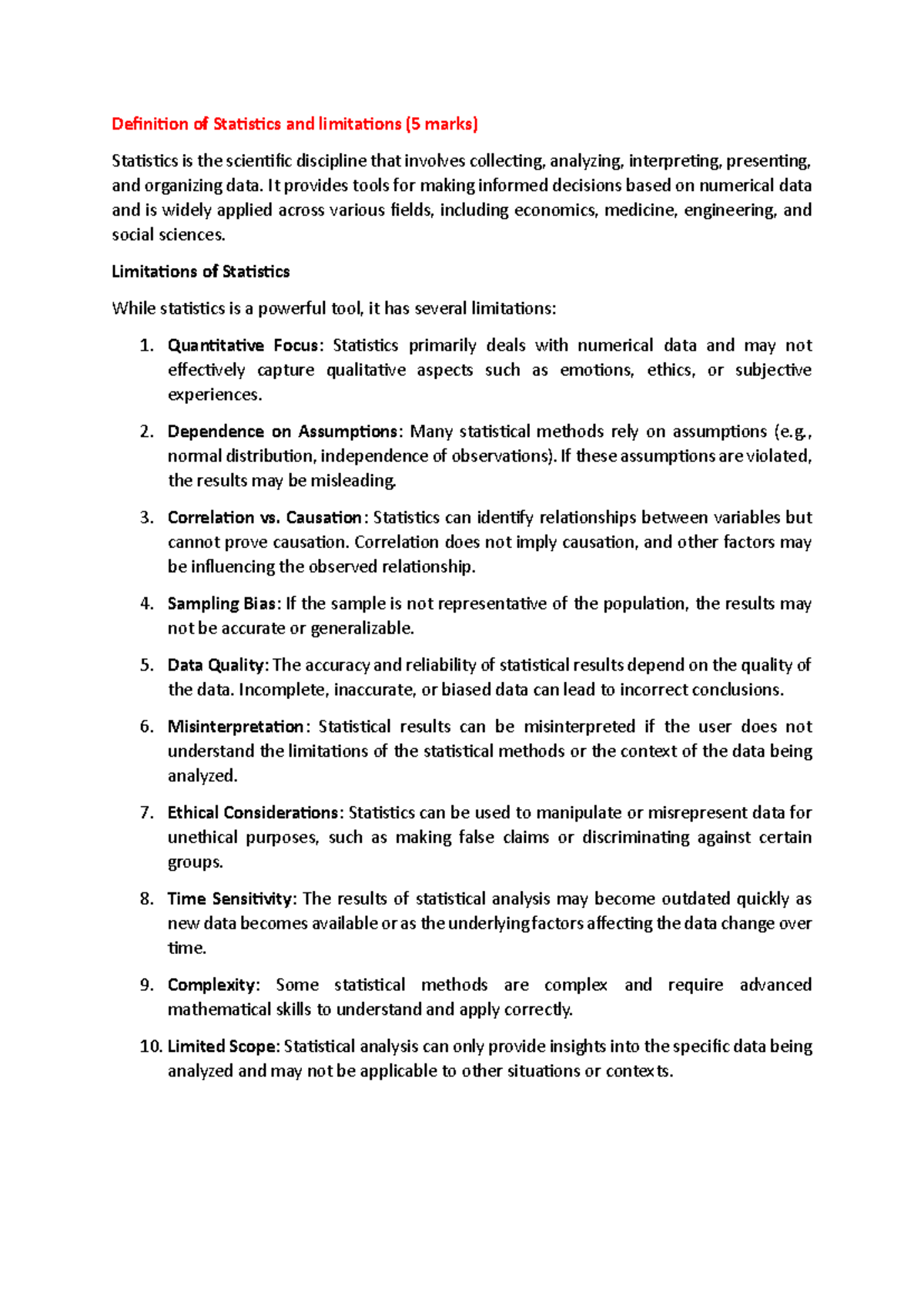 QA Notes: Definition of Statistics, Limitations, and Sampling (5 Marks ...