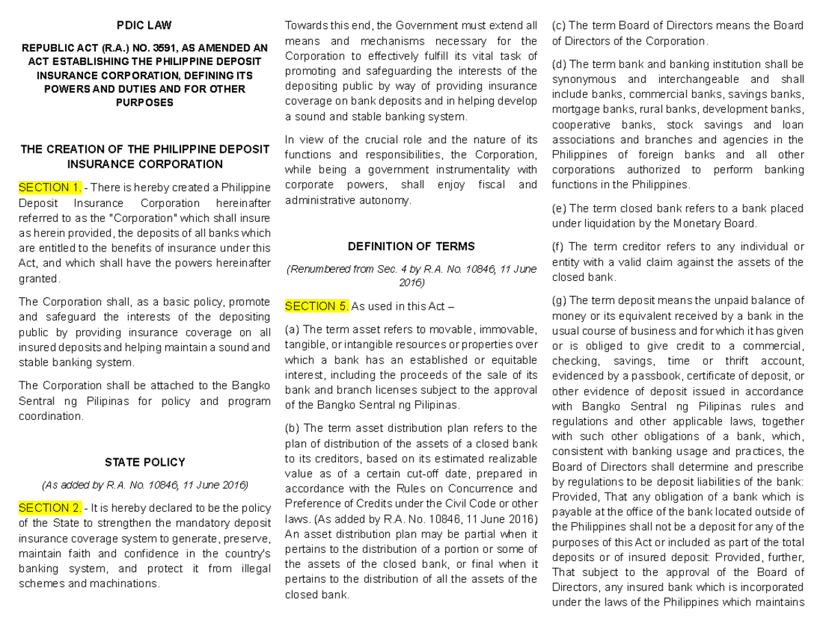 PDIC Law (R.A. No. 3591) sections overview and key provisions - Studocu