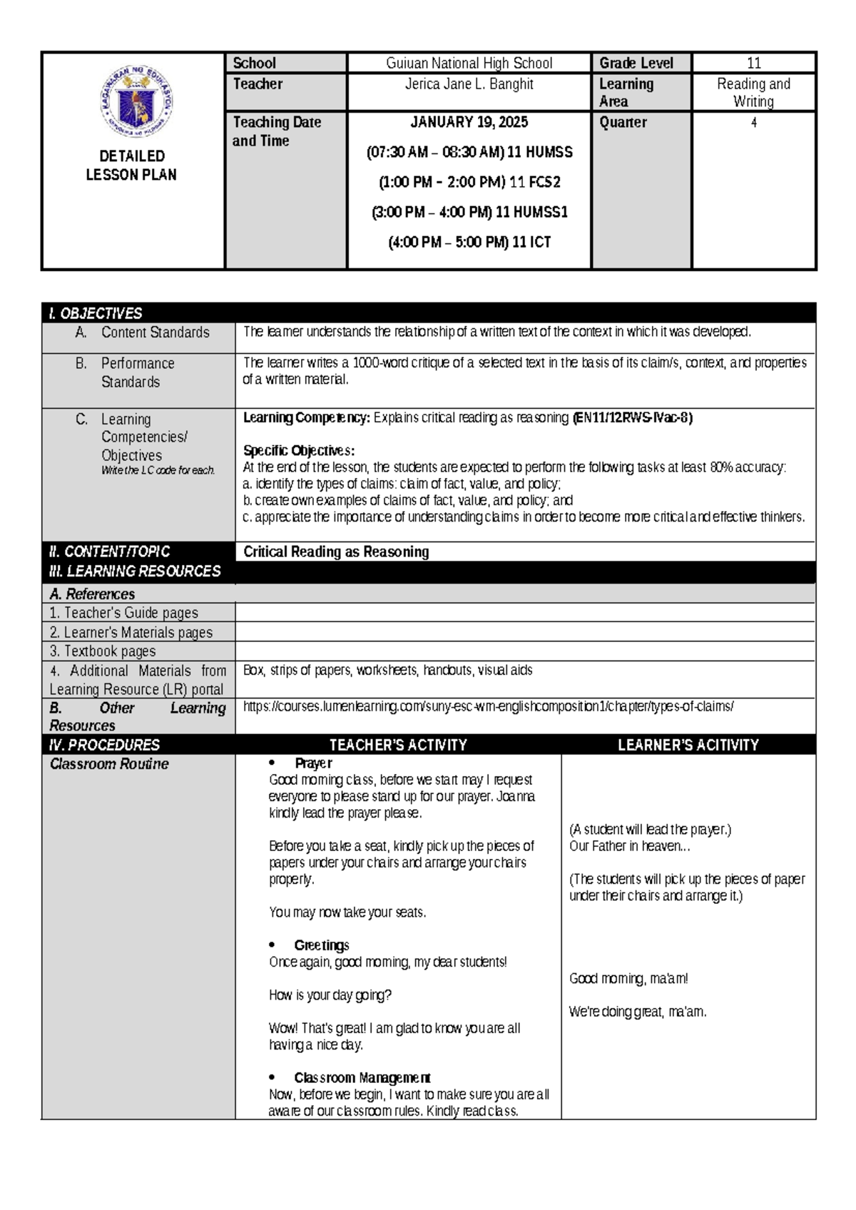11 HUMSS Detailed Lesson Plan on Critical Reading as Reasoning - Studocu