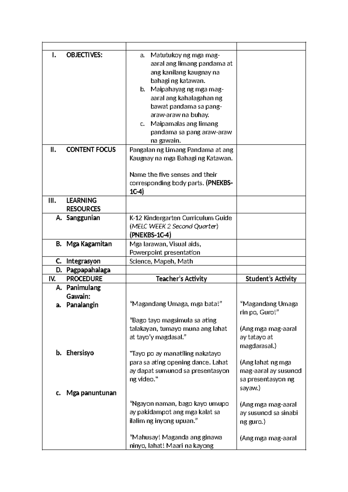 Lesson Plan for Five Senses (PNEKBS-1C-4) - Studocu