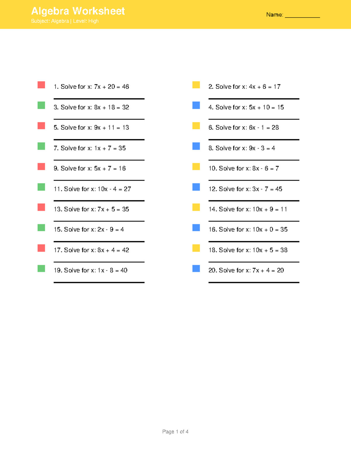 Algebra Worksheet (Algebra 101) - High Level Practice Problems - Studocu