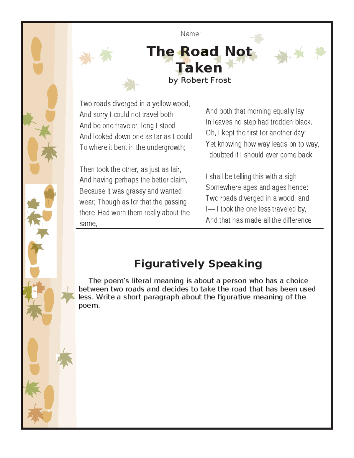 7th Grade Reading Comp: The Road Not Taken Worksheet - Studocu
