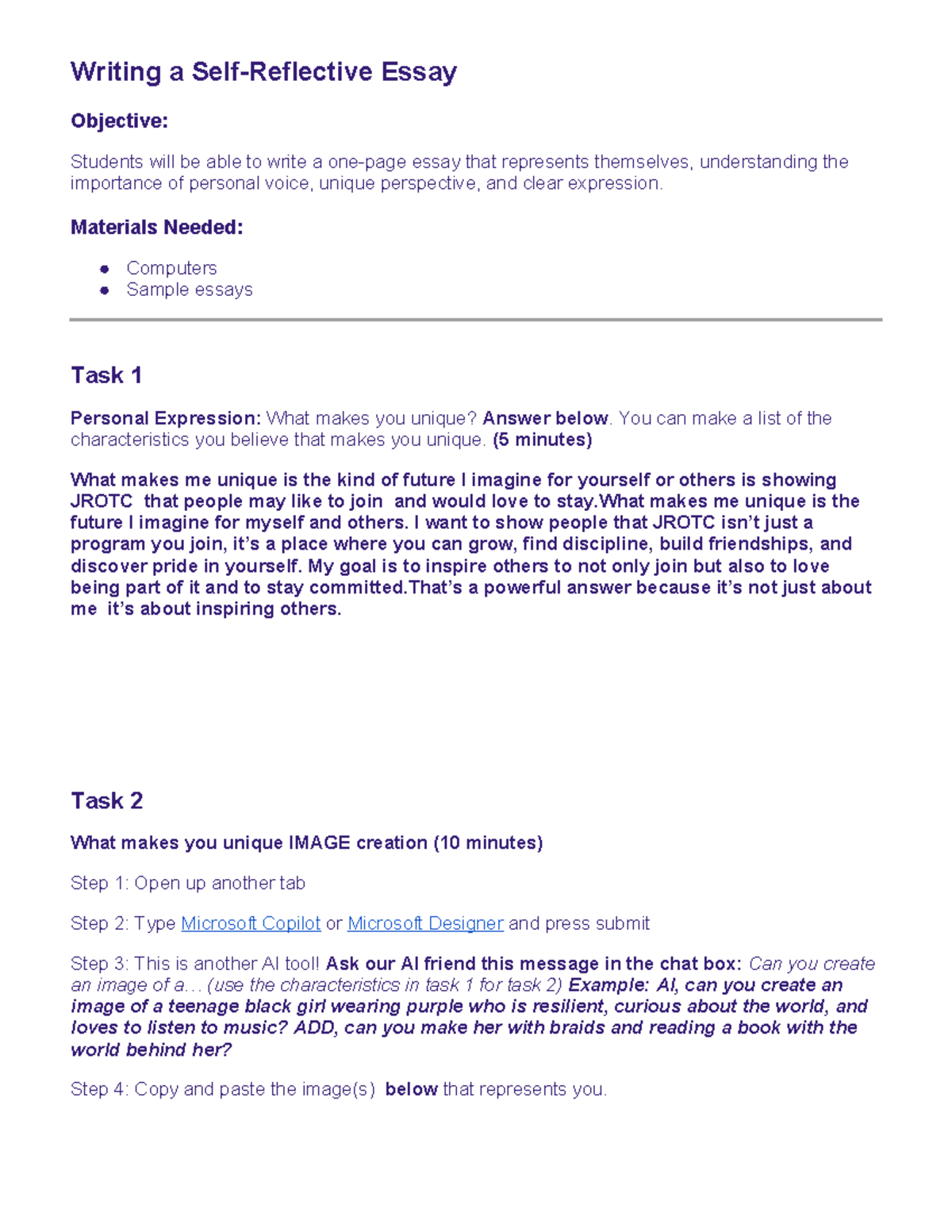 JROTC 101: Writing a Self-Reflective Essay on Personal Growth - Studocu