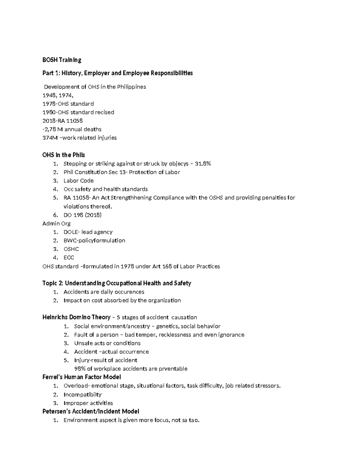 BOSH Training: Safety Practical Notes on OHS History & Risks - Studocu