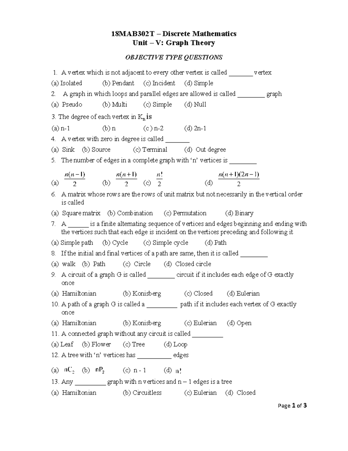 DM- Unit V MCQ - Mcq - 18MAB302T – Discrete Mathematics Unit – V: Graph ...