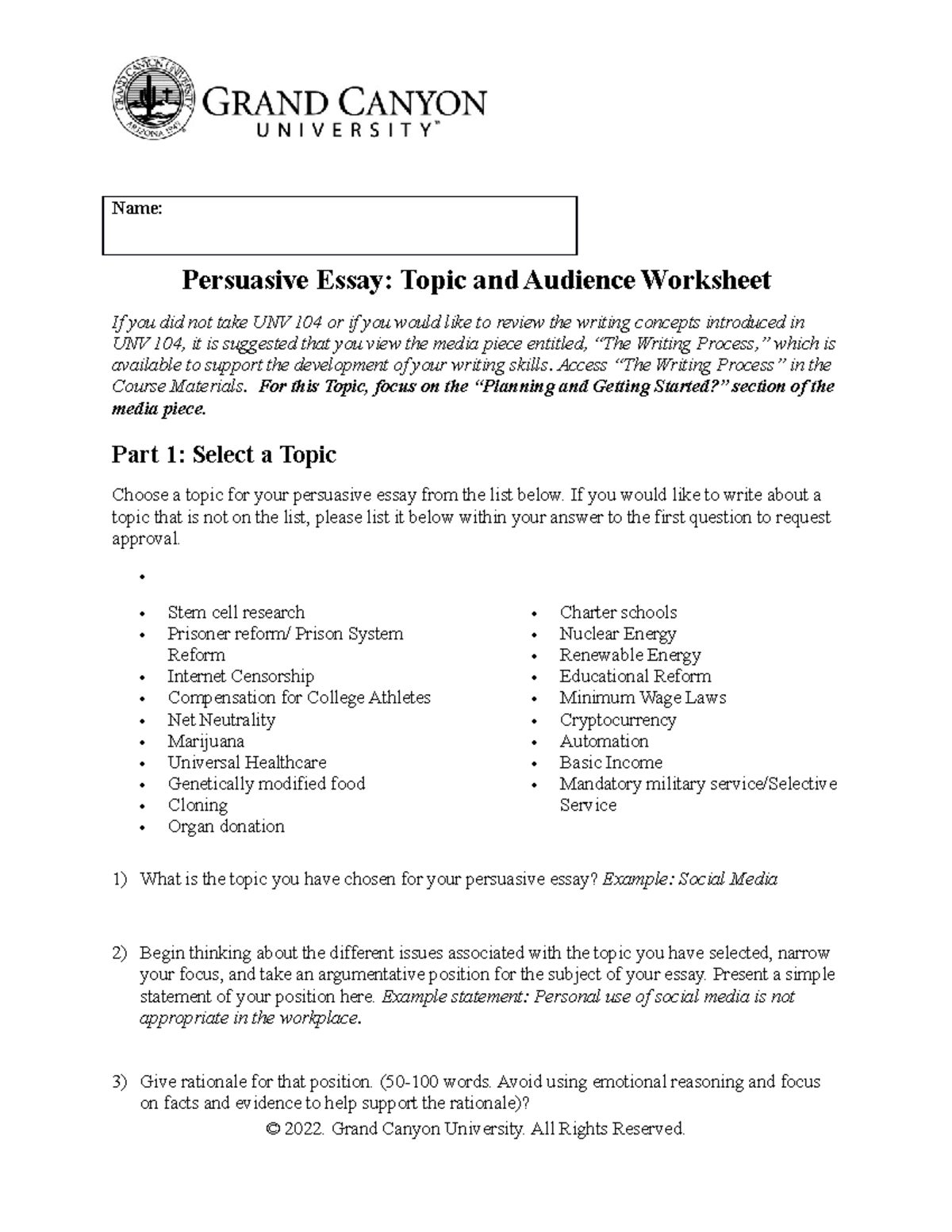 Persuasive Essay Planning Worksheet for PHI105 - Topic & Audience Guide ...
