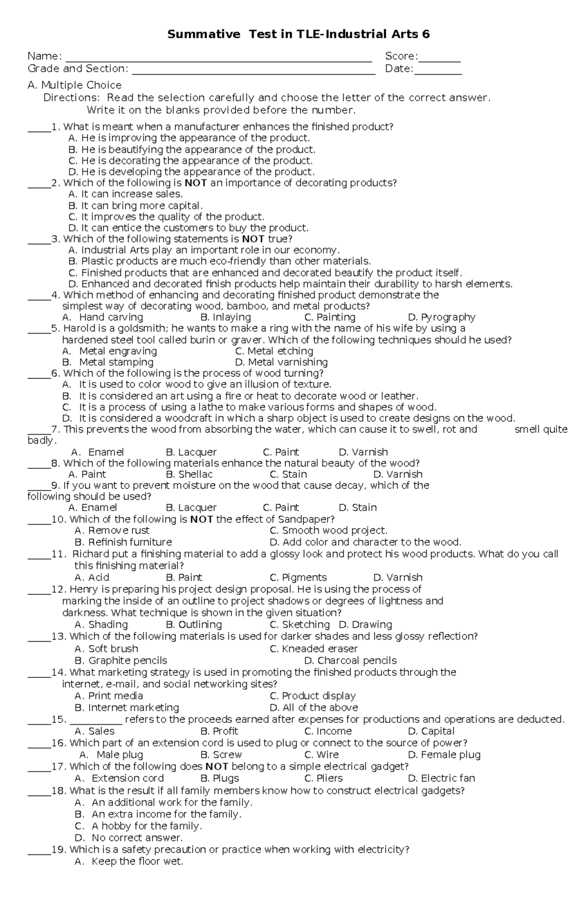 TLE-6-IA Summative Test with Answer Key and Corrections - Studocu