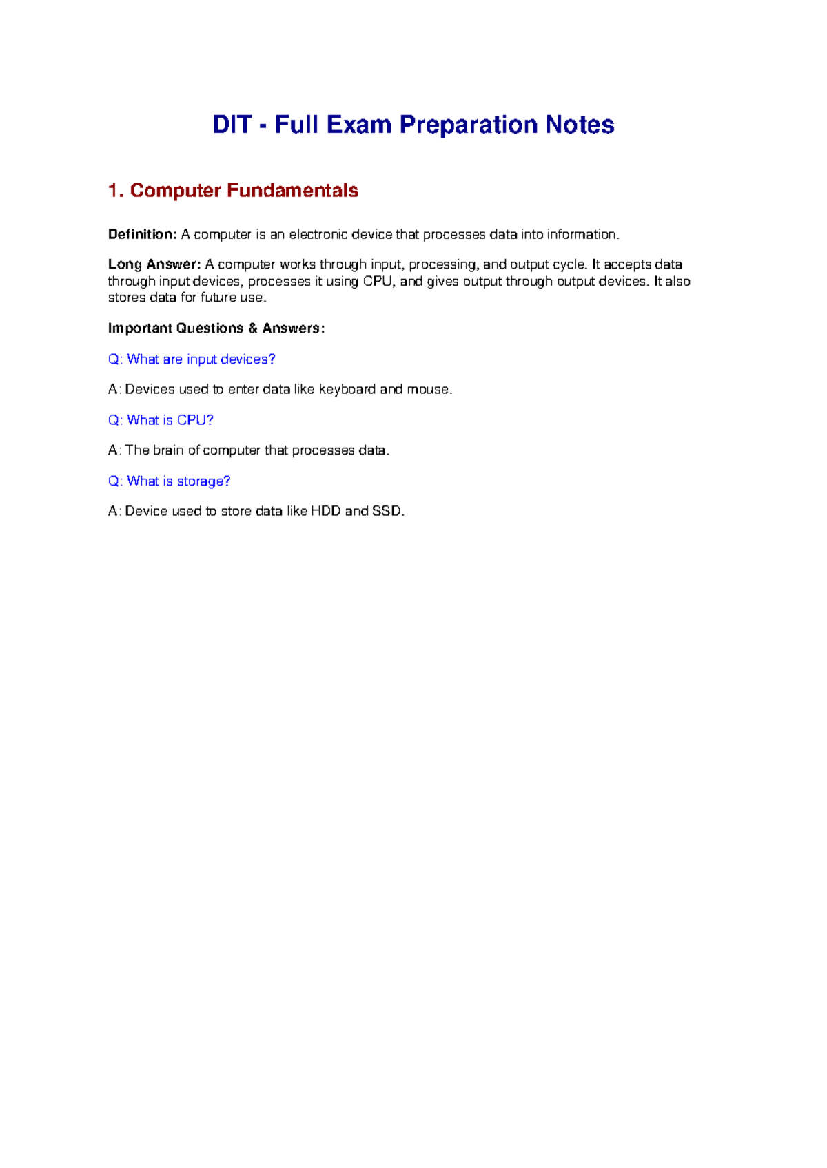 DIT Full Exam Prep Notes: Computer Fundamentals & More - Studocu