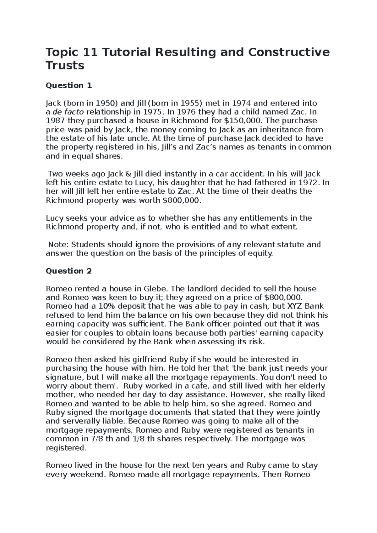 Topic 11 Tutorial Questions on Resulting and Constructive Trusts - Studocu