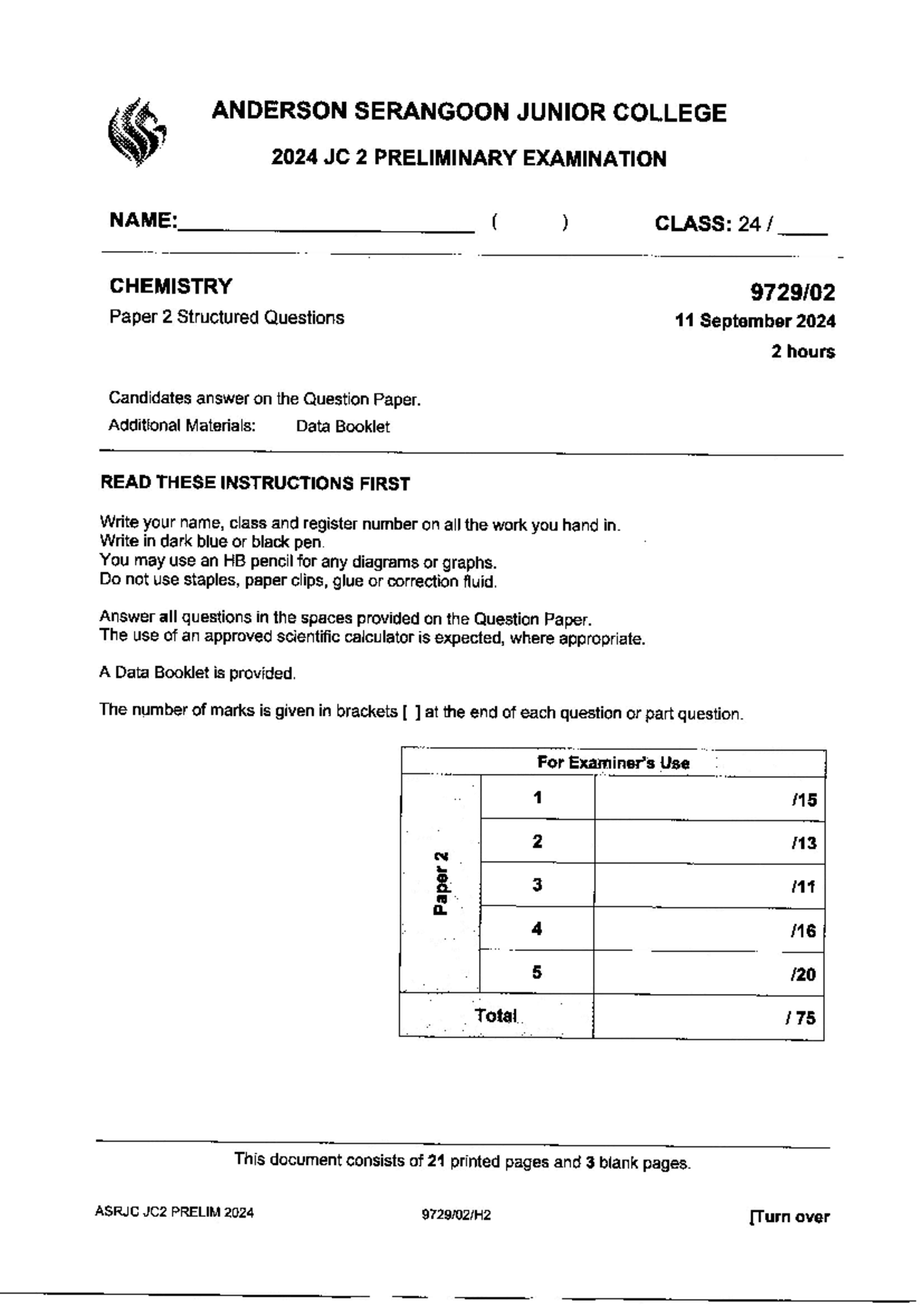 ASRJC JC2 Chemistry 2024 Preliminary Exam Paper 2 Structured Questions ...