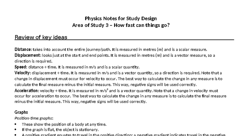 Motion Notes 1: Key Concepts in Physics (Study Area 3) - Studeersnel