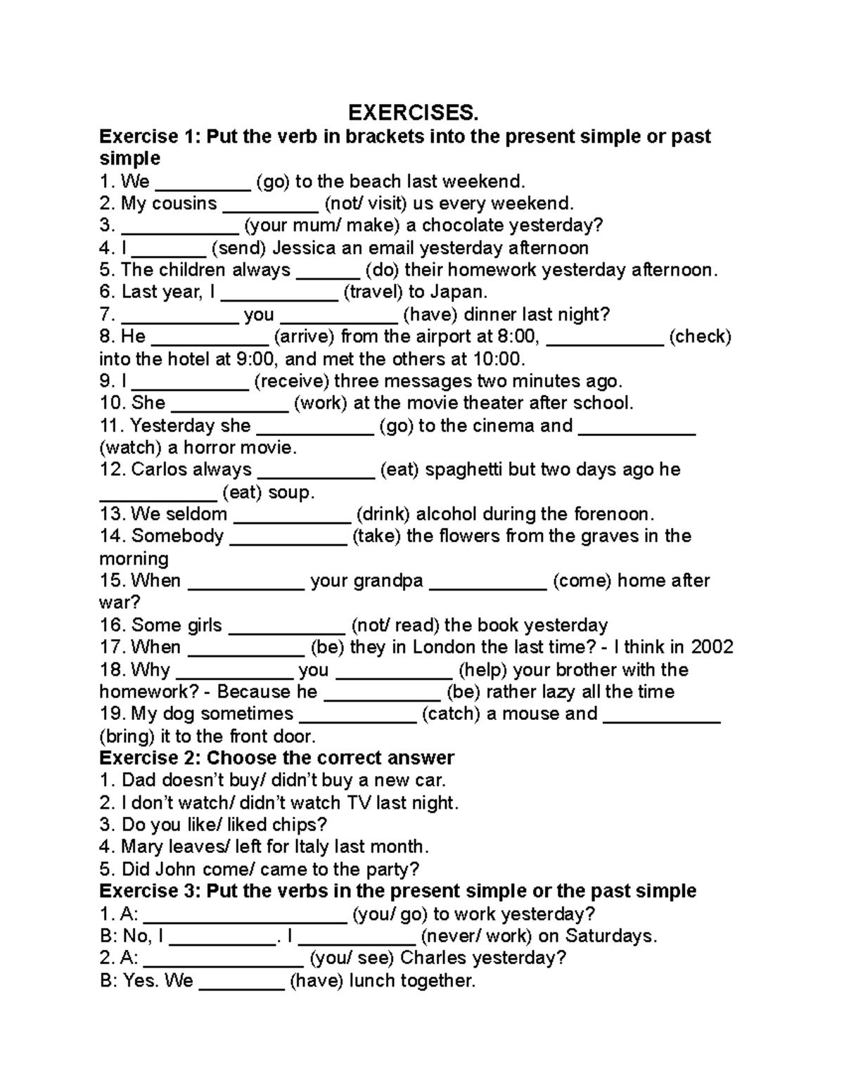 Present Simple and Past Simple Exercises - Studocu
