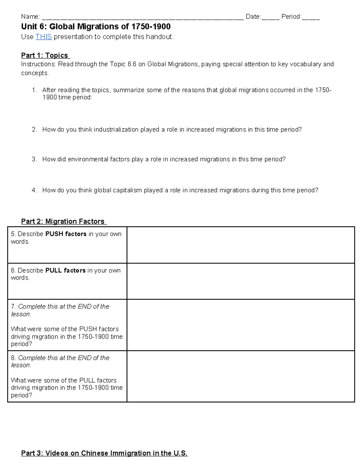 Unit 6: Global Migrations 1750-1900 - Factors, Effects, and Chinese ...