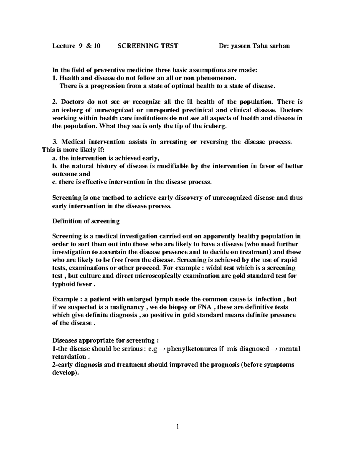 Screening TEST - Lecture 9 & 10 SCREENING TEST Dr: yaseen Taha sarhan ...